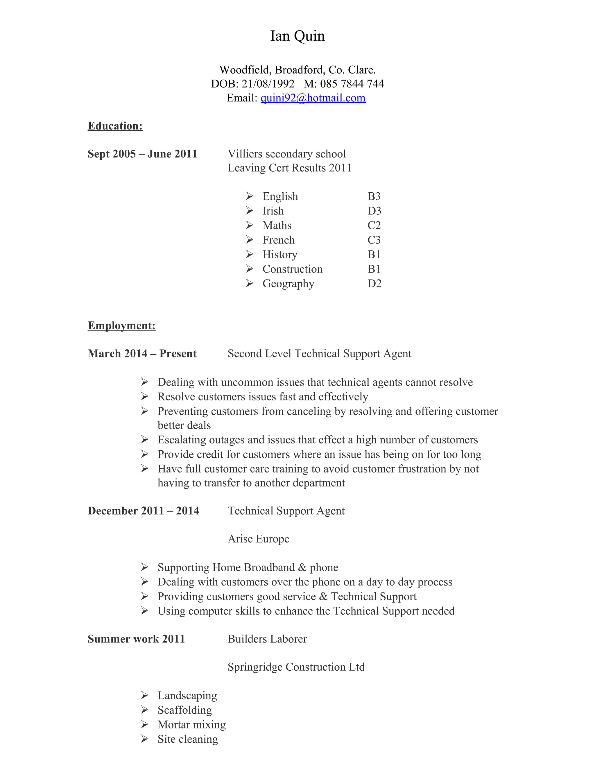 Ian Quin C.V | DOC | Careers