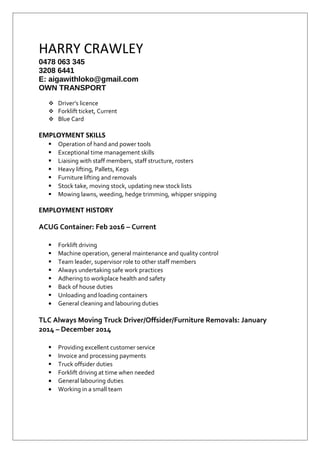 Harry Crawley Resume 2016 | DOC