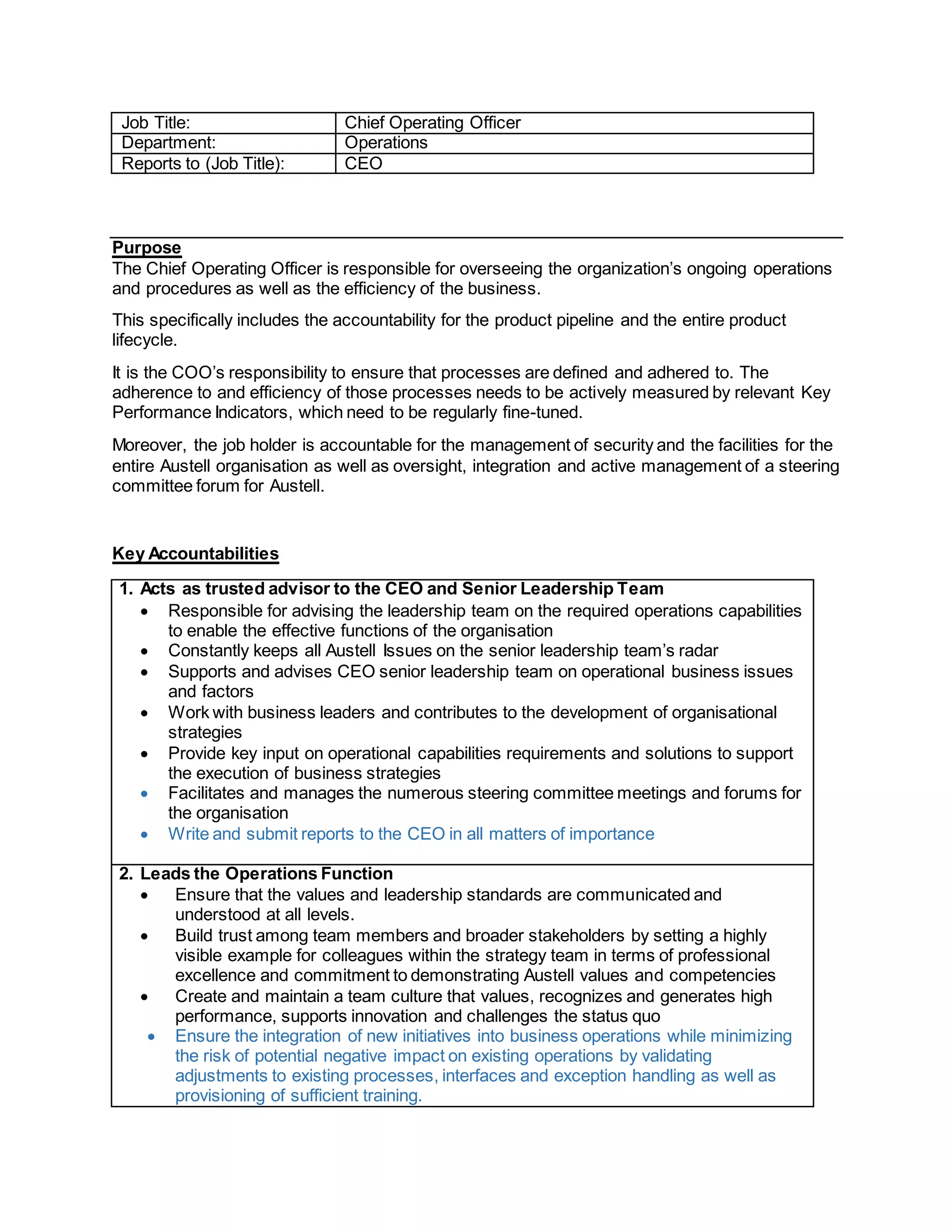 Chief Operating Officer Job Description | PDF