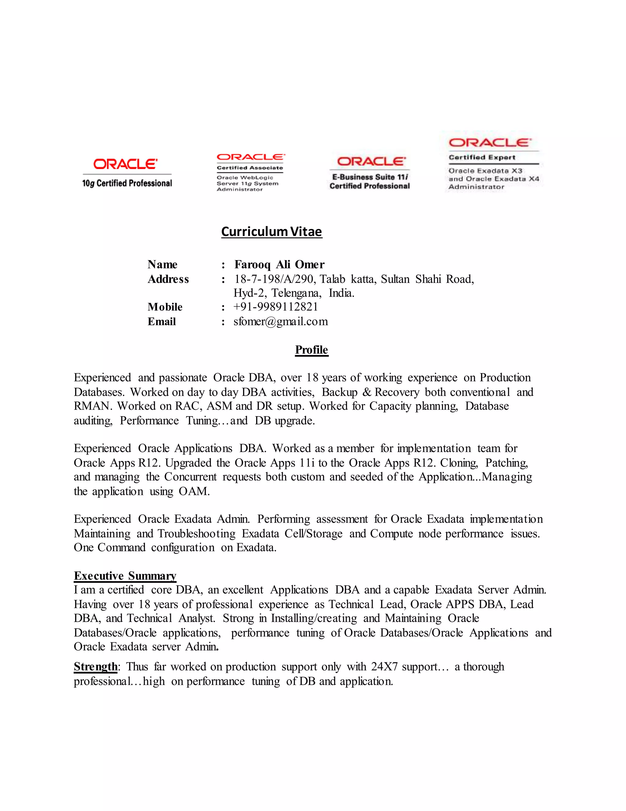 Farooq_Oracle_DBA_Updated. | DOCX | Databases | Computer Software and Applications