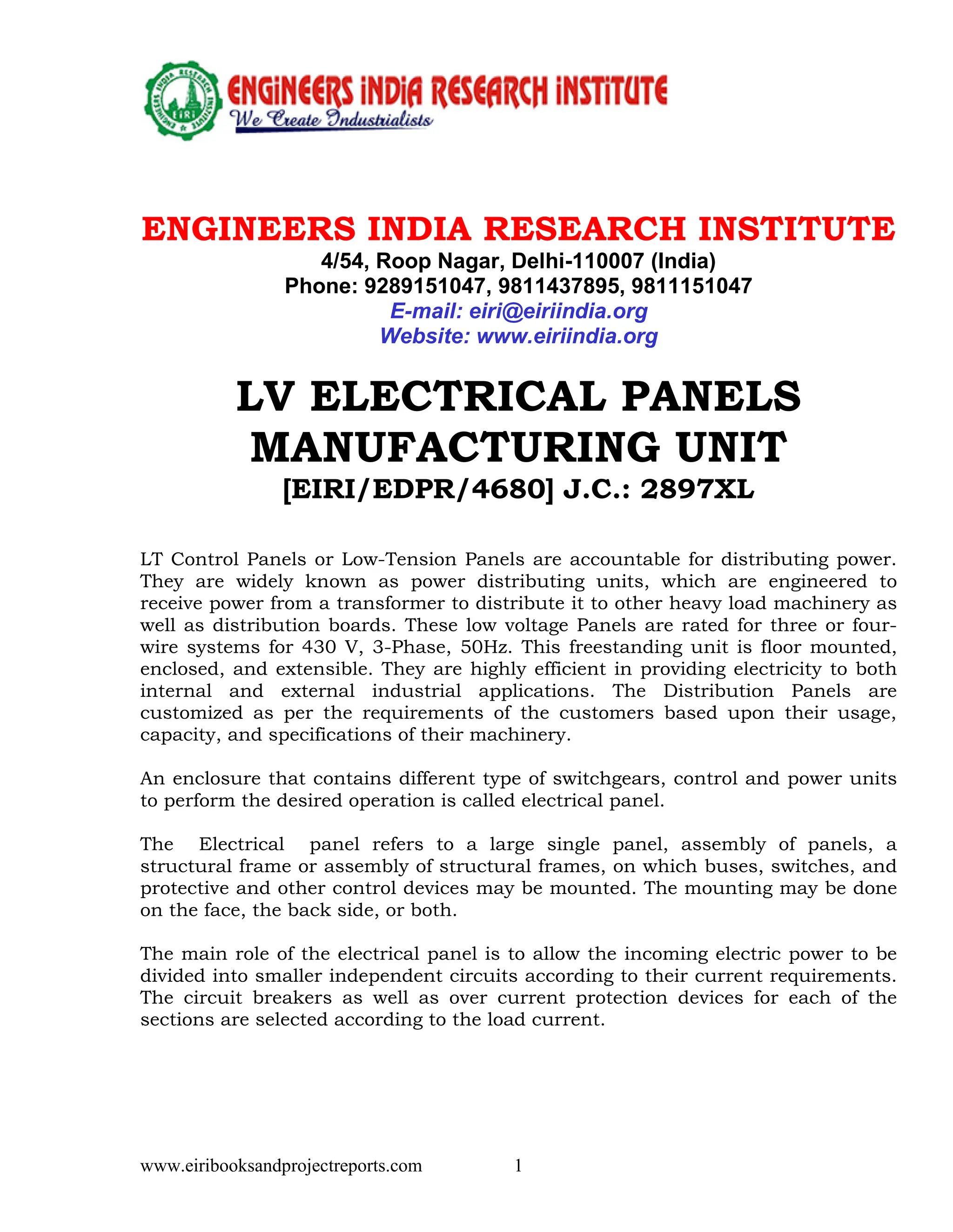 Detailed Project Report on LV ELECTRICAL PANELS MANUFACTURING UNIT | PDF