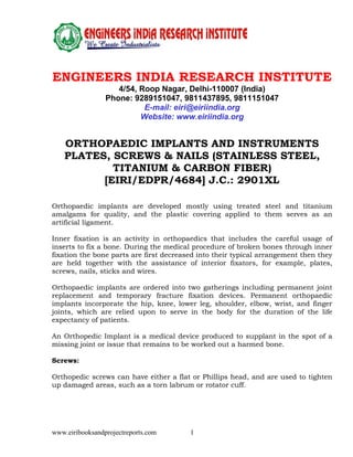 Detailed Project Report on ORTHOPAEDIC IMPLANTS AND INSTRUMENTS PLATES ...
