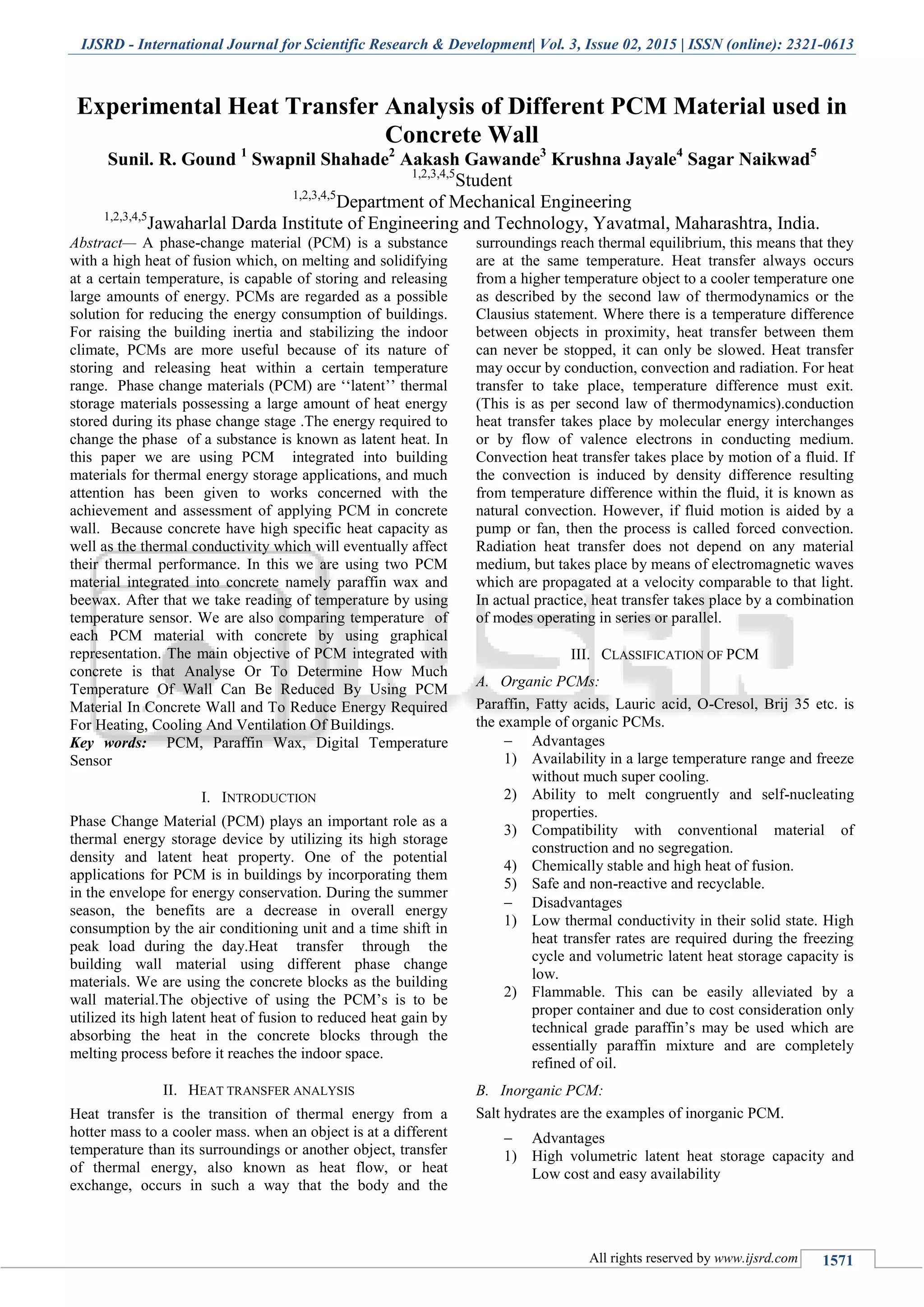 Experimental Heat Transfer Analysis of Different PCM Material used in ...