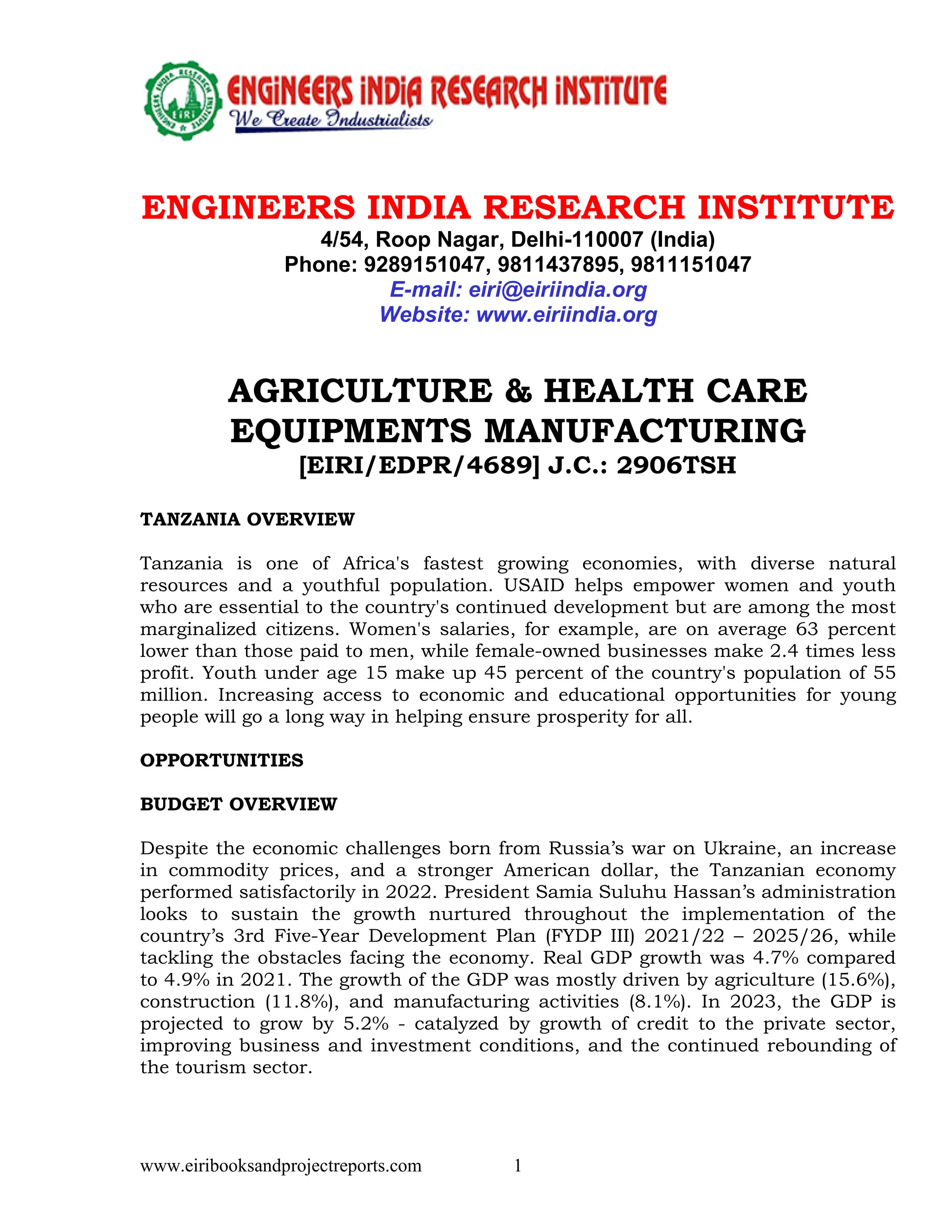 Detailed Project Report on AGRICULTURE & HEALTH CARE EQUIPMENTS ...
