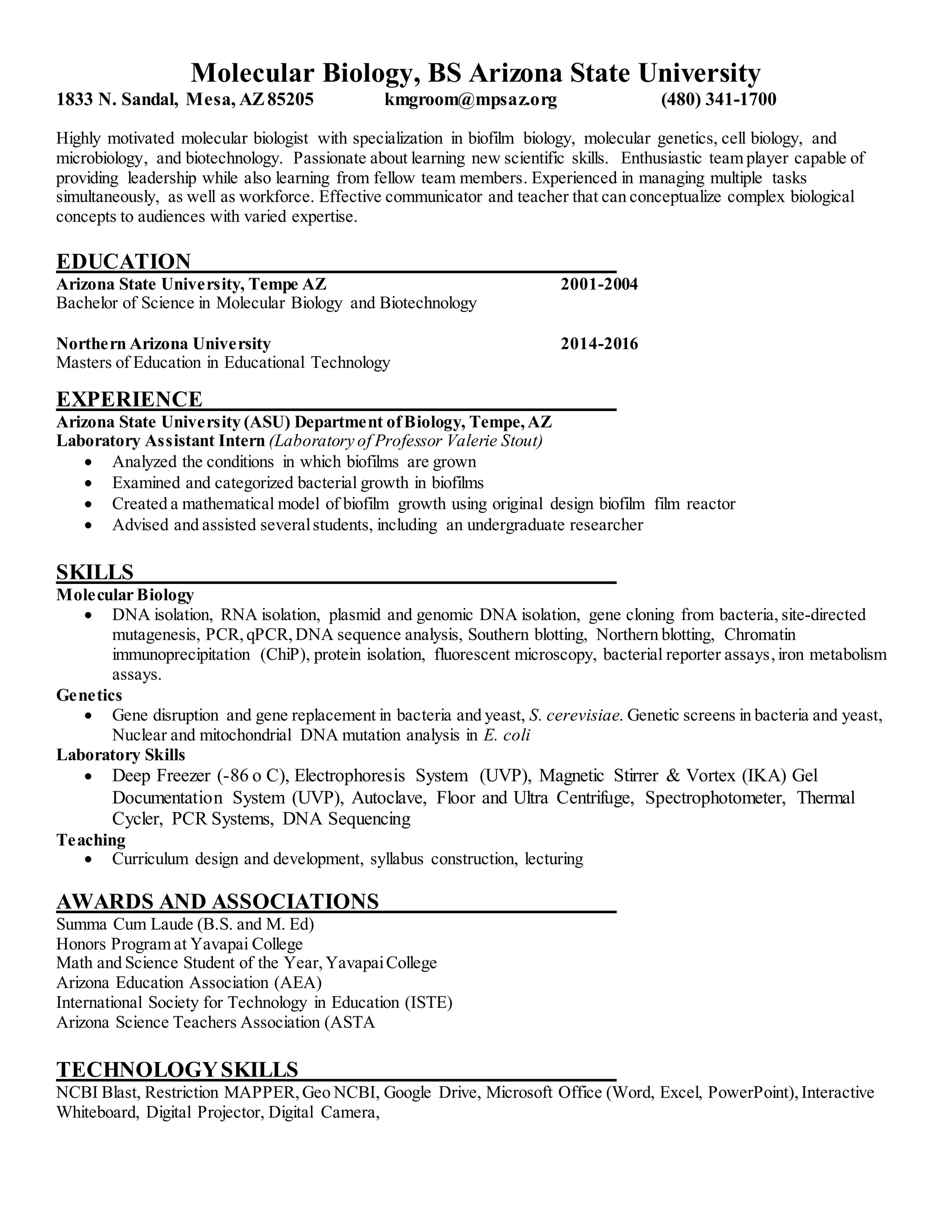 Resume-Molecular Biology- Kerry Groom | PDF