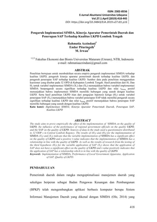 Pengaruh Implementasi SIMDA, Kinerja Aparatur Pemerintah Daerah dan Penerapan SAP Terhadap ...