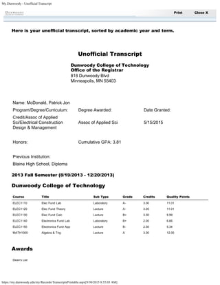 Patrick McDonald (A.A.S) - Unofficial Transcript | PDF