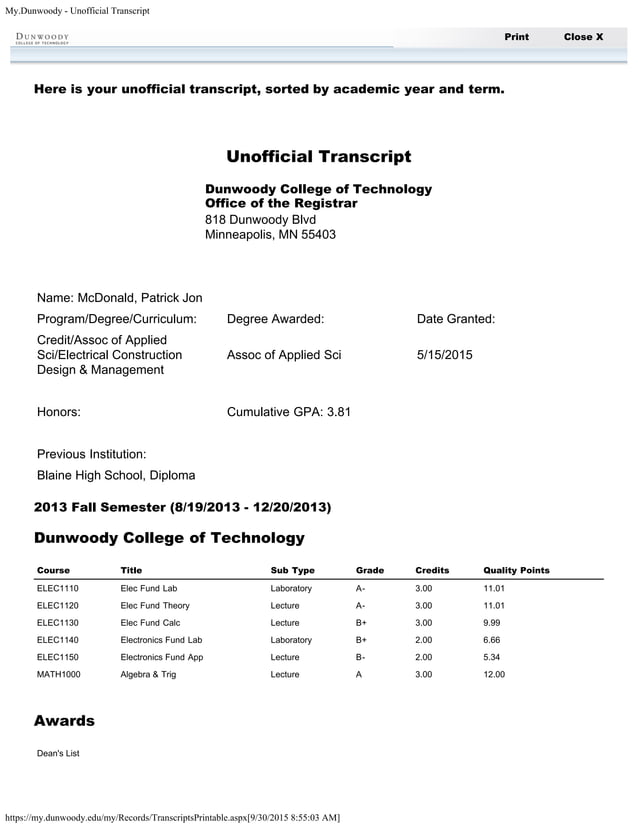 Patrick McDonald (A.A.S) - Unofficial Transcript | PDF