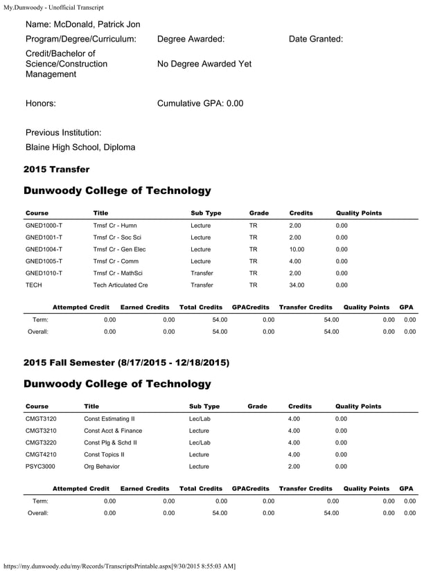 Patrick McDonald (A.A.S) - Unofficial Transcript | PDF