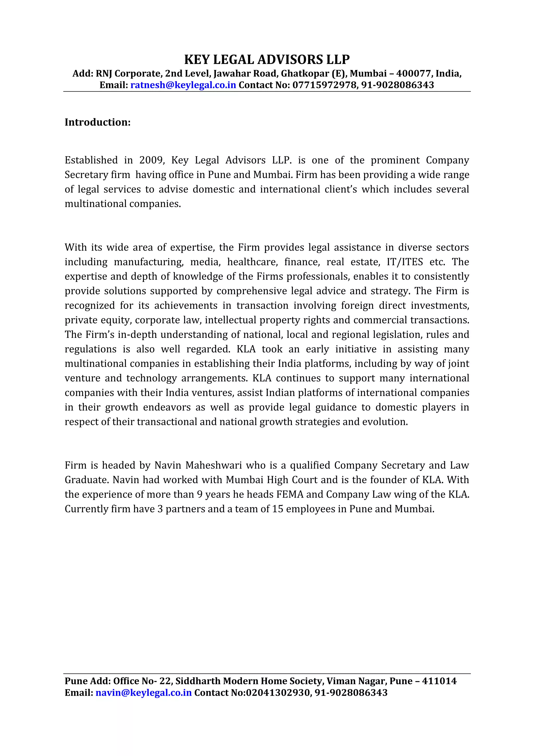 Key Legal Advisors LLP-Profile | PDF