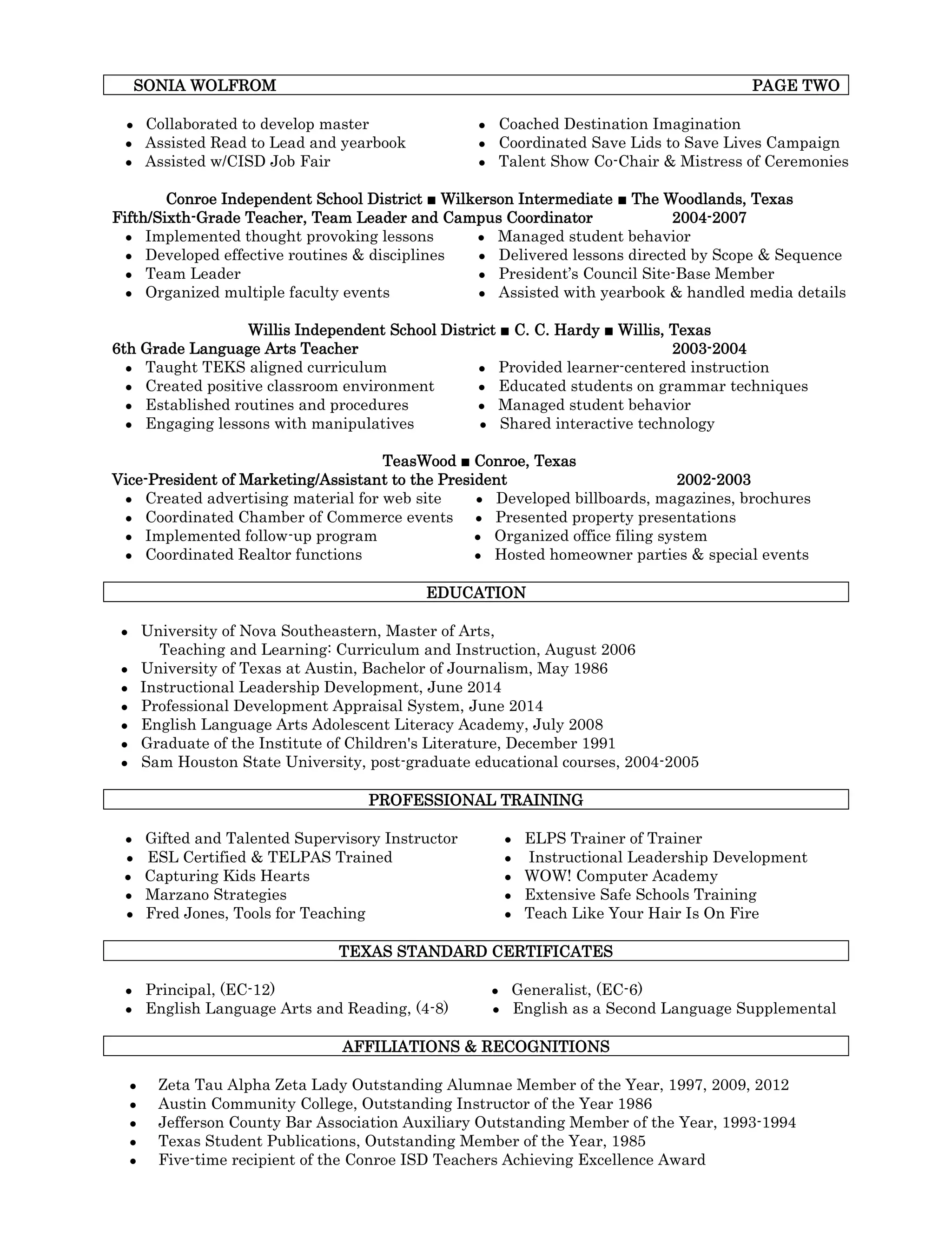 Resume Sonia Wolfrom | PDF