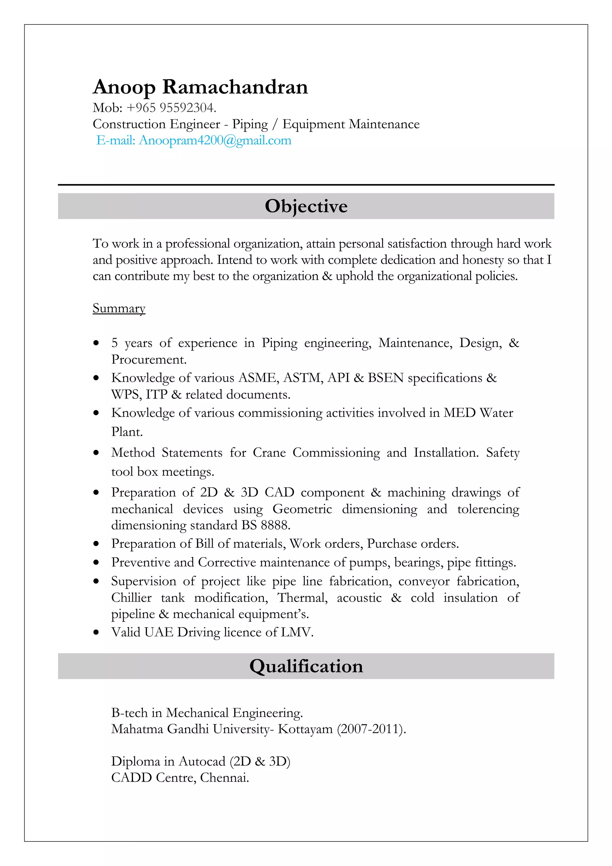 Construction Engineer Piping ,Tower crane - Anoop | PDF