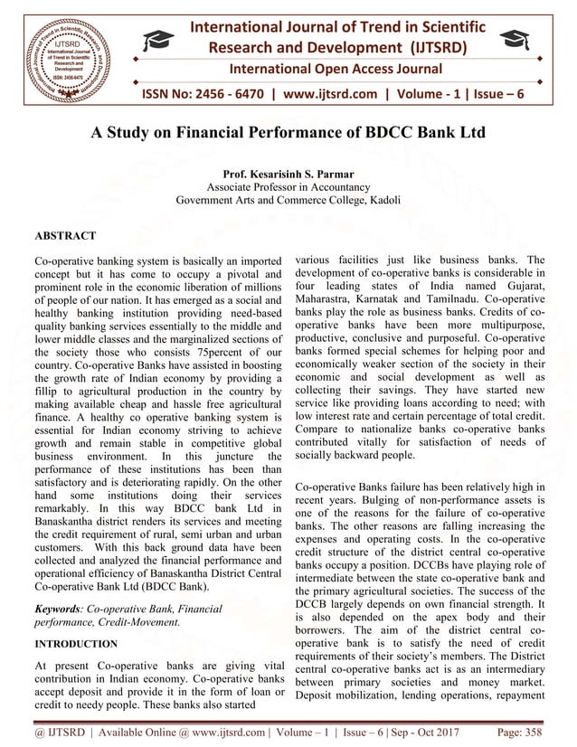 A STUDY ON FINANCIAL PERFORMANCE OF BDCC BANK LTD. | PDF
