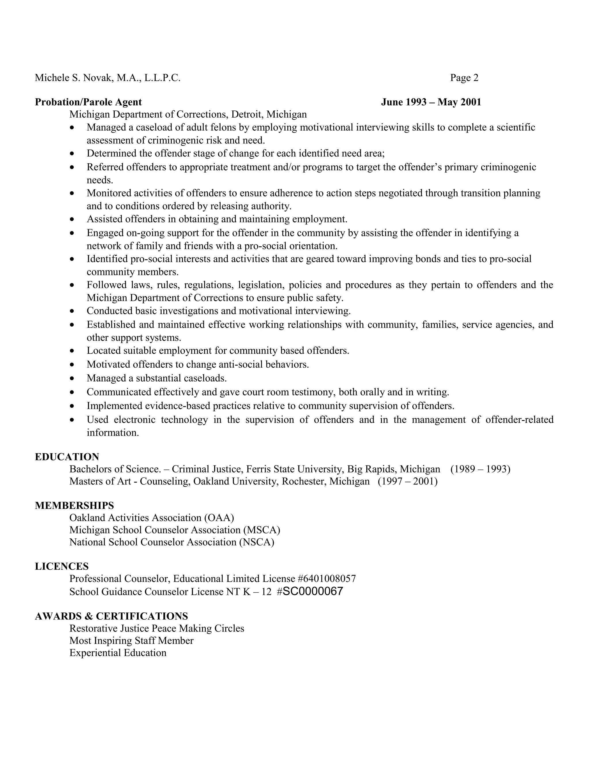 Michele Novak MA LLPC Resume | DOC