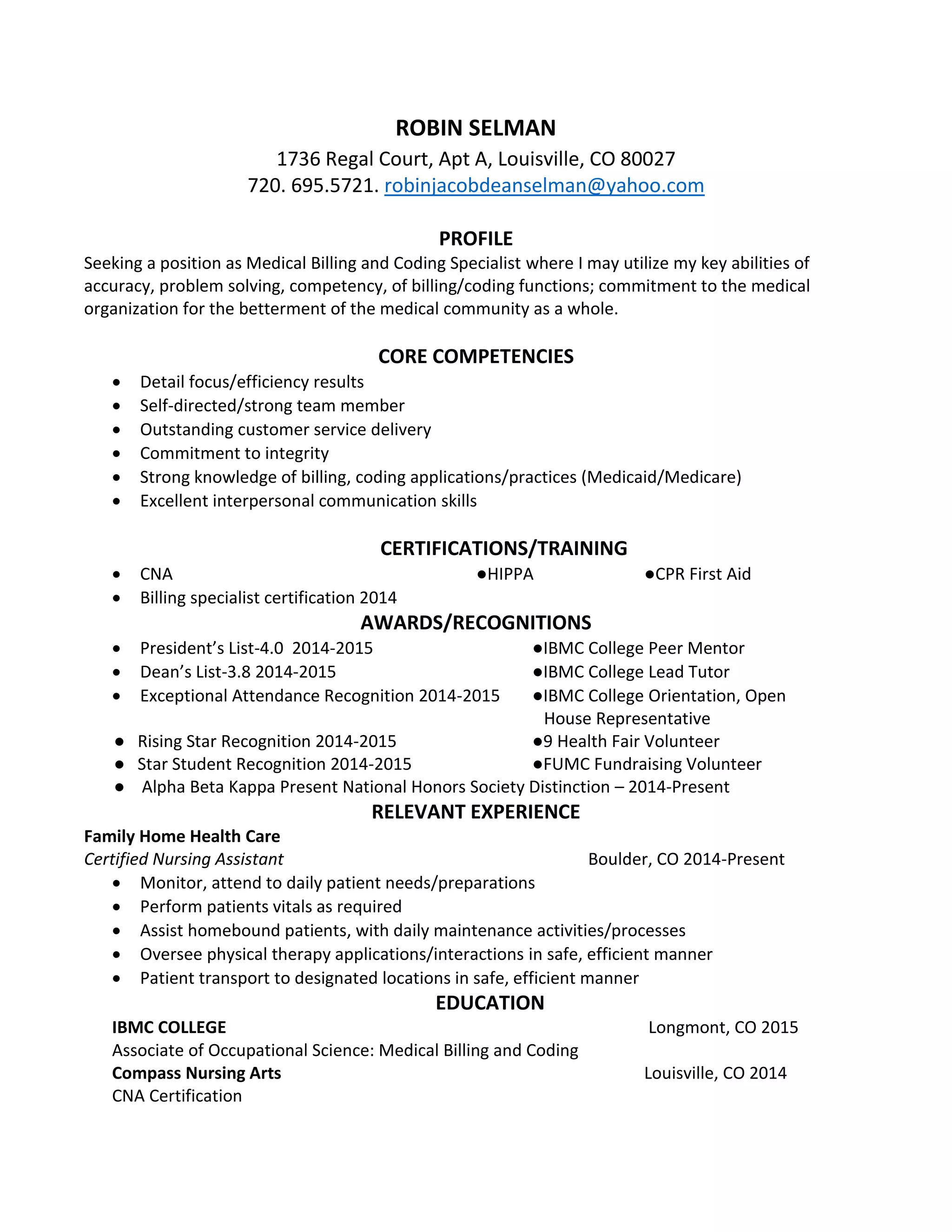 Robin Selman Resume 1 | PDF