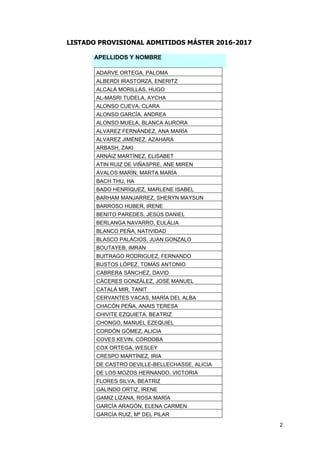 160513LISTADO PROVISIONAL ADMITIDOS MÁSTER 2016-2017 | PDF
