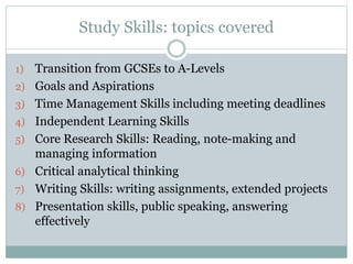 Study Skills topics covered | PPTX | Homework and Study | Education