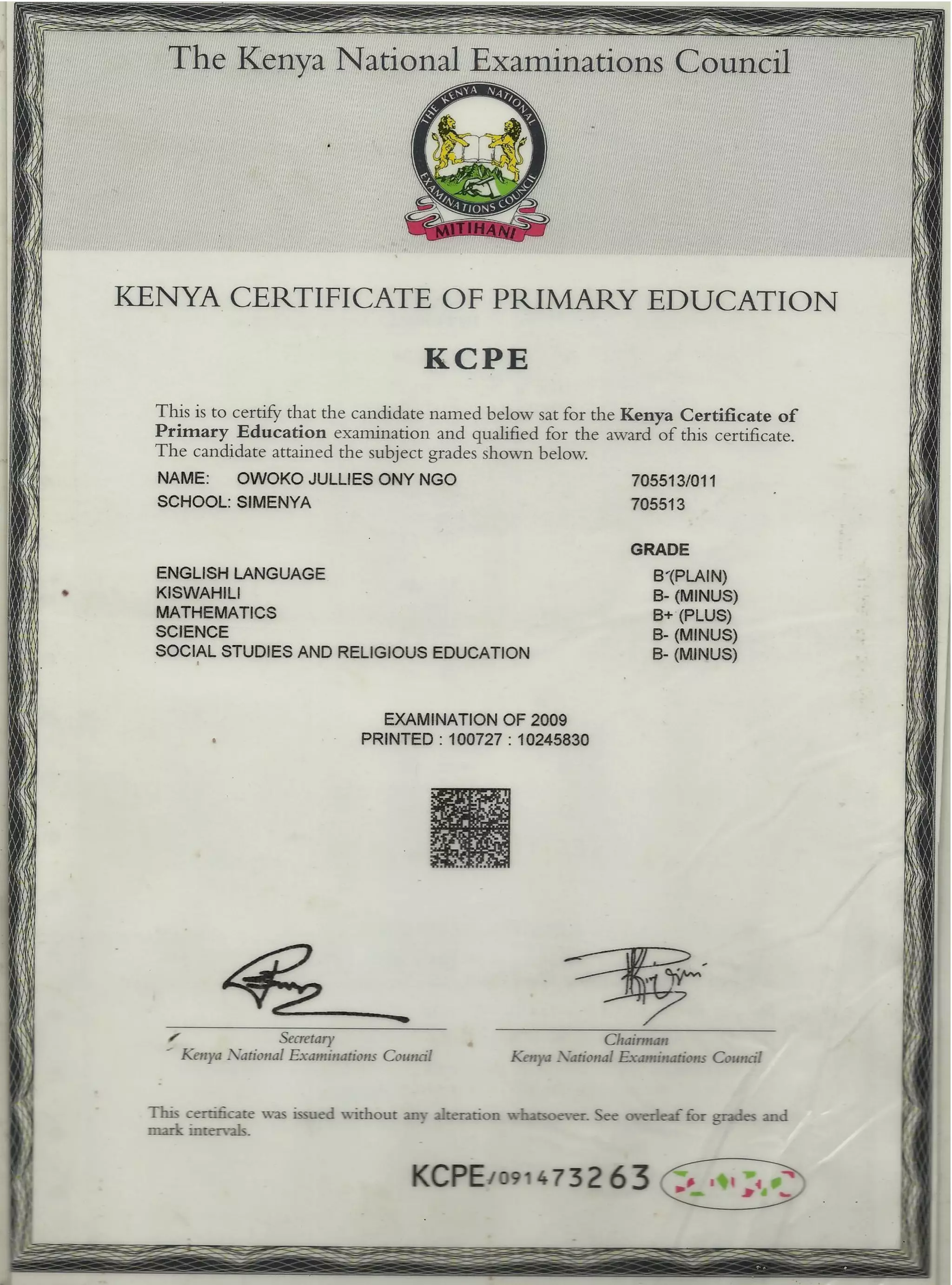 KCPE Certificate | PDF