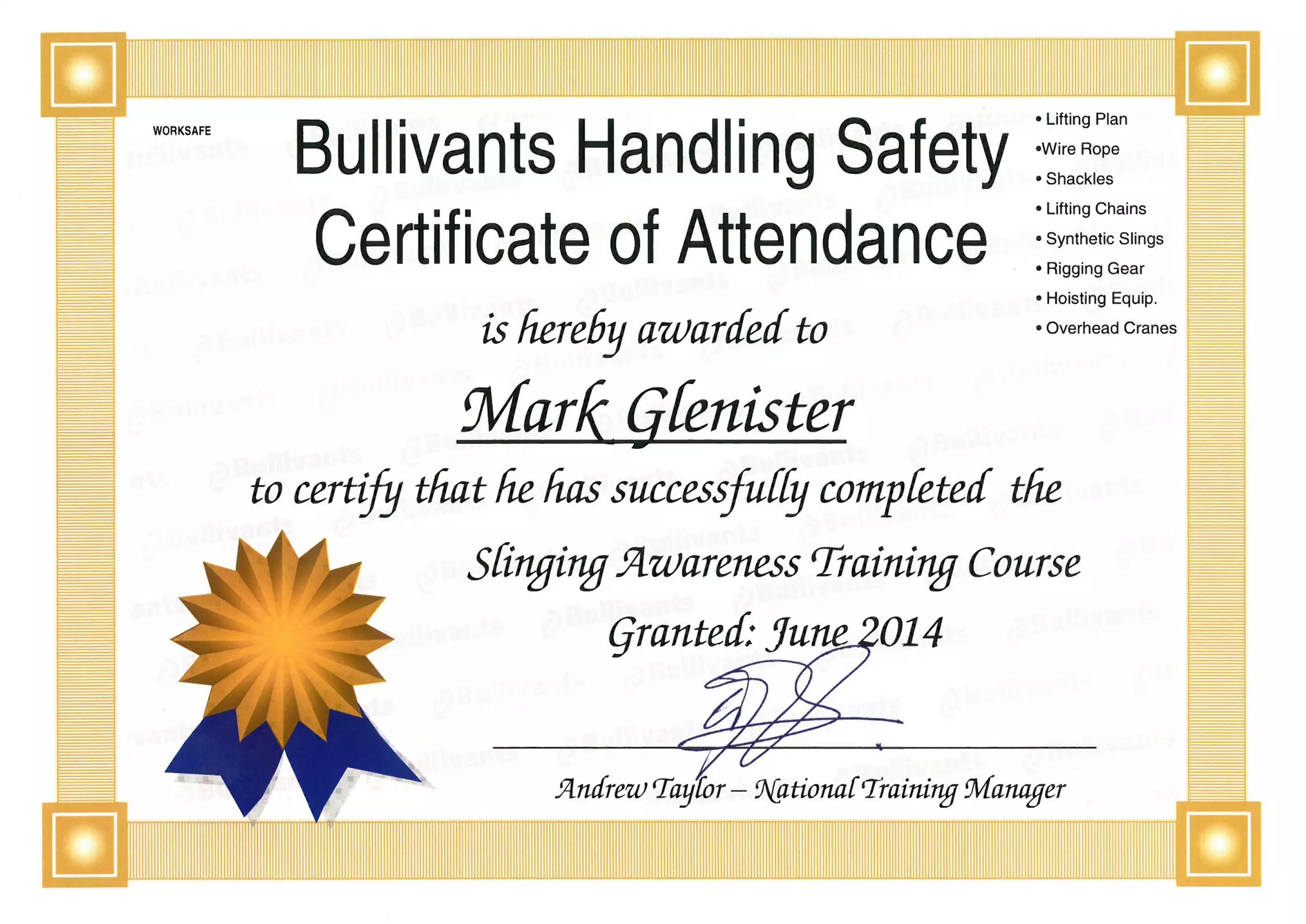 Certificate- Bullivants Slinging Awareness | PPT