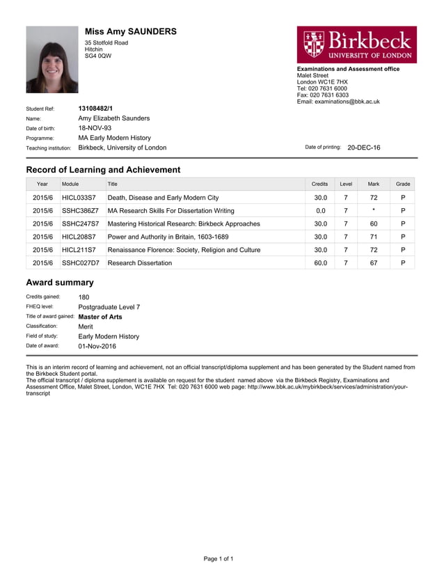Birkbeck Transcript | PDF