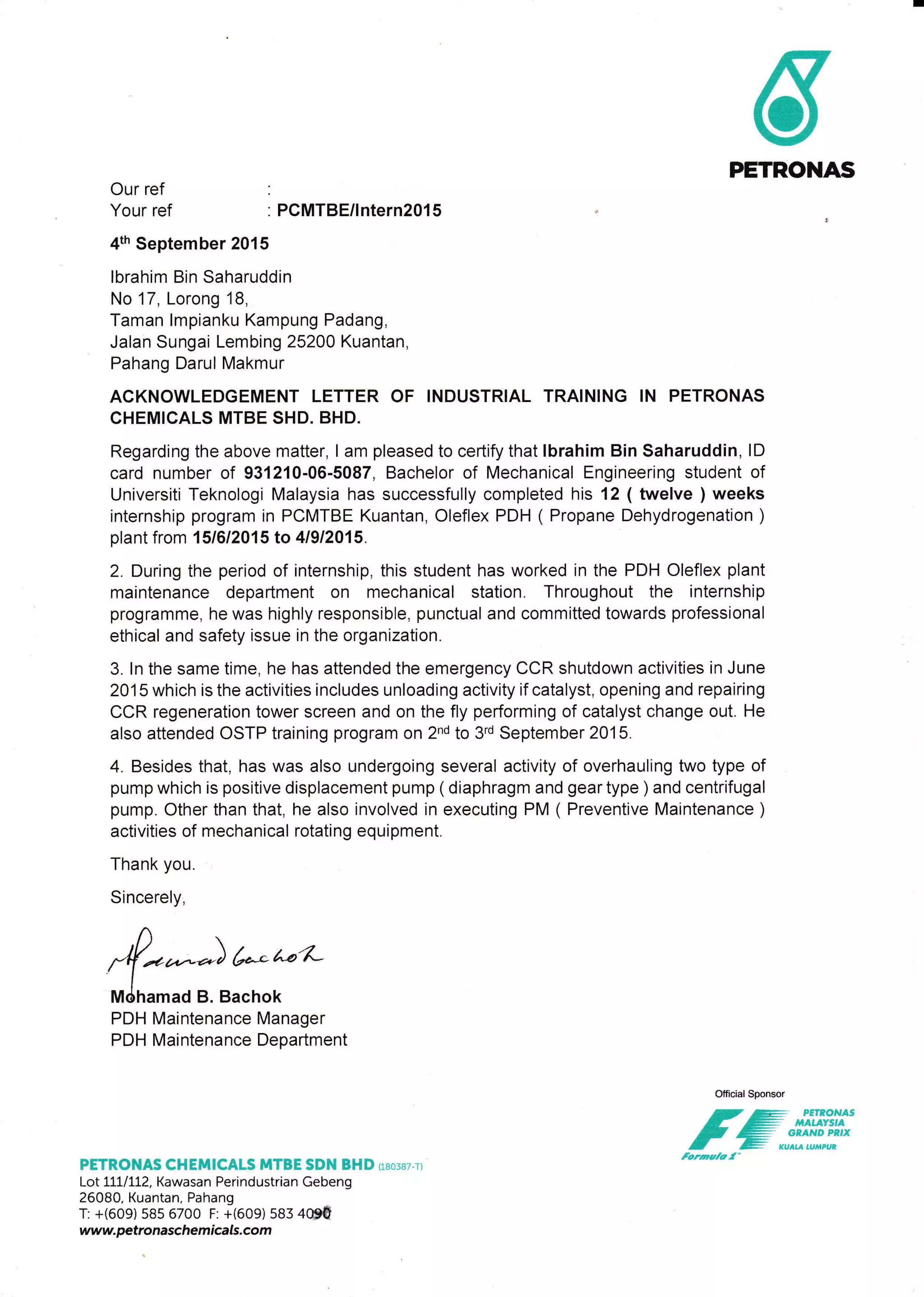 Acknowledgement Letter of Industrial Trainning | PDF
