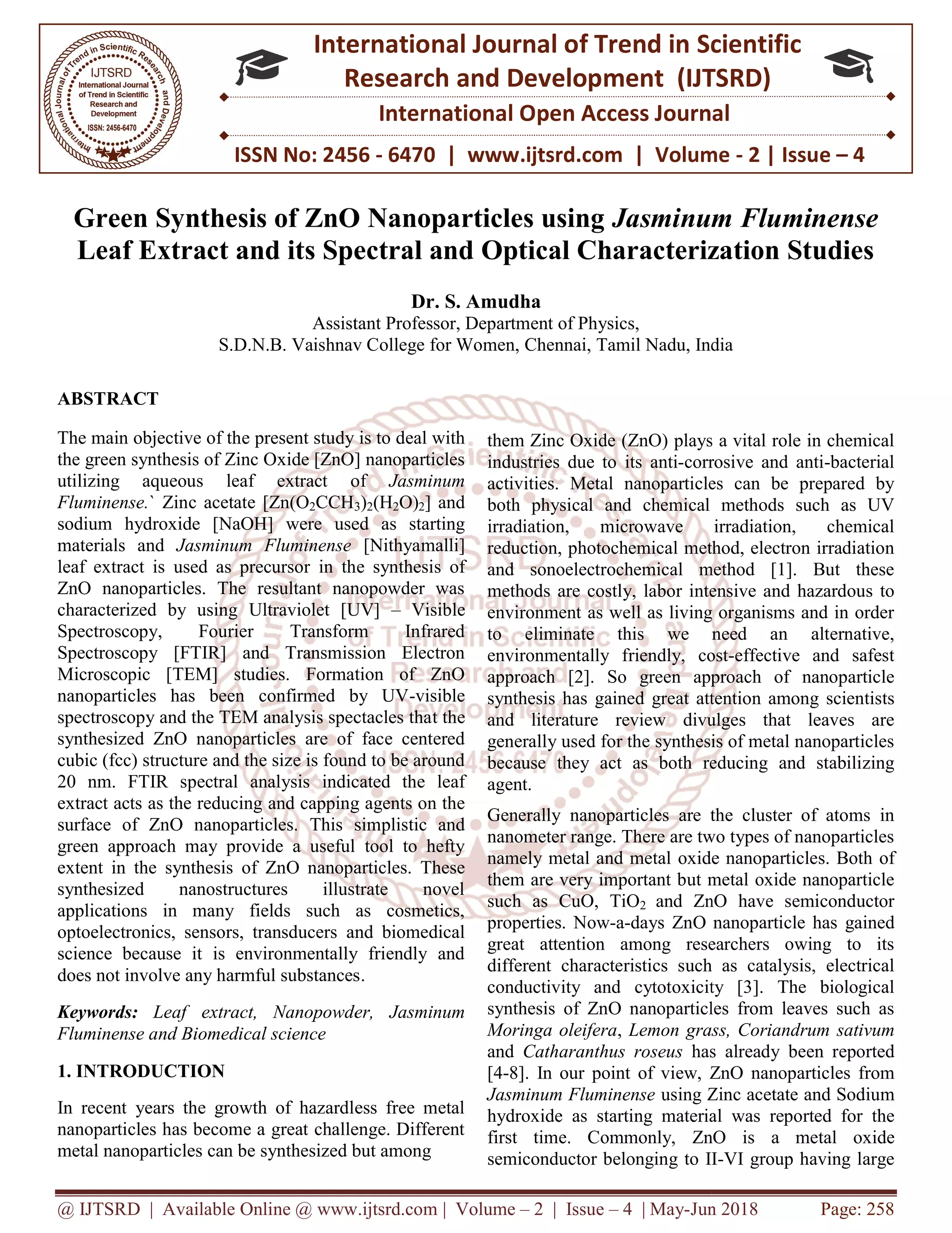 Green Synthesis of ZnO Nanoparticles using Jasminum Fluminense Leaf Extract and its Spectral and ...
