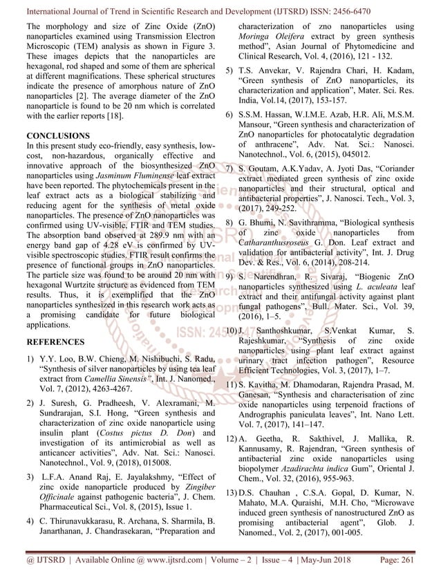 Green Synthesis of ZnO Nanoparticles using Jasminum Fluminense Leaf Extract and its Spectral and ...