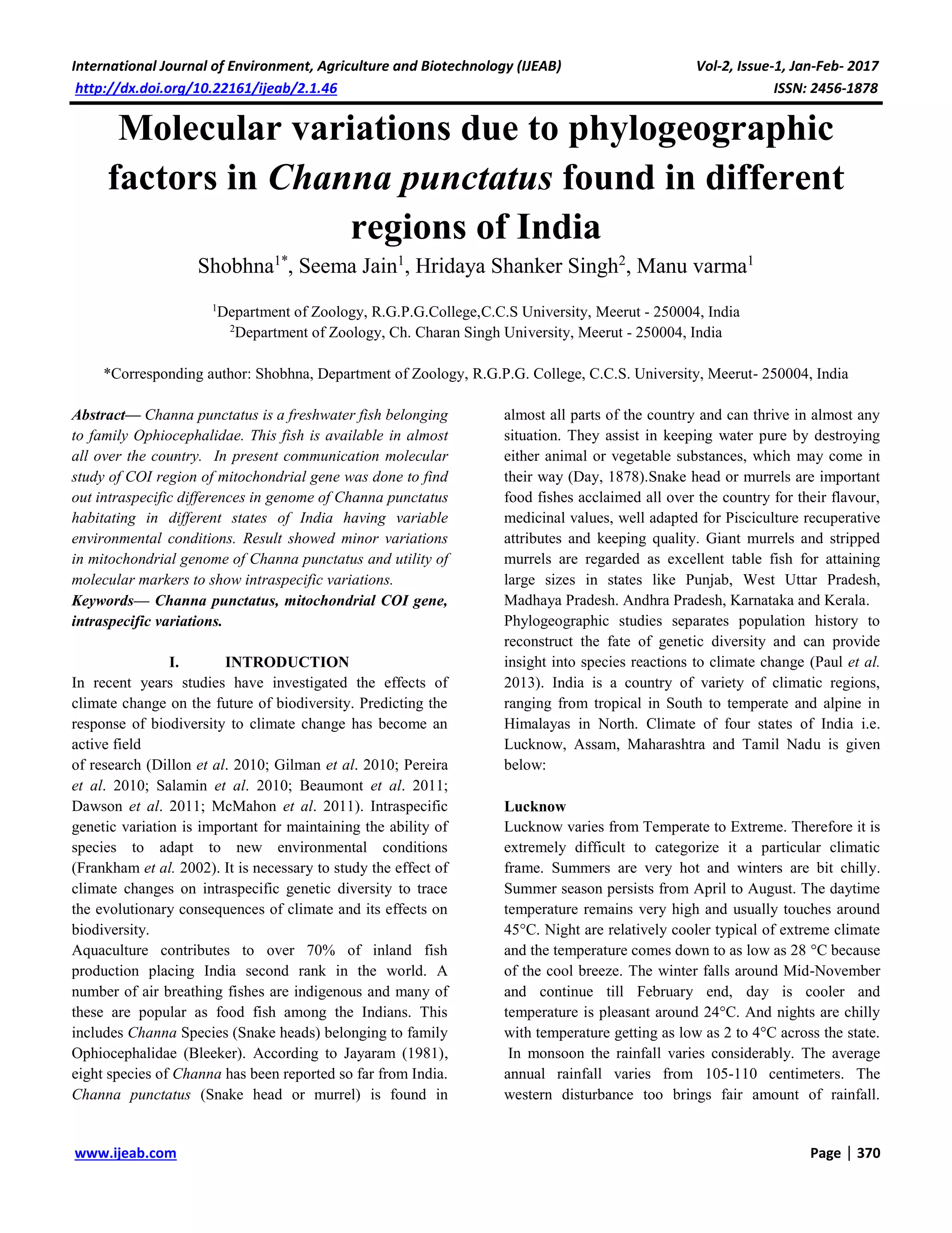 molecular variations due to phylogeographic factors in channa punctatus ...