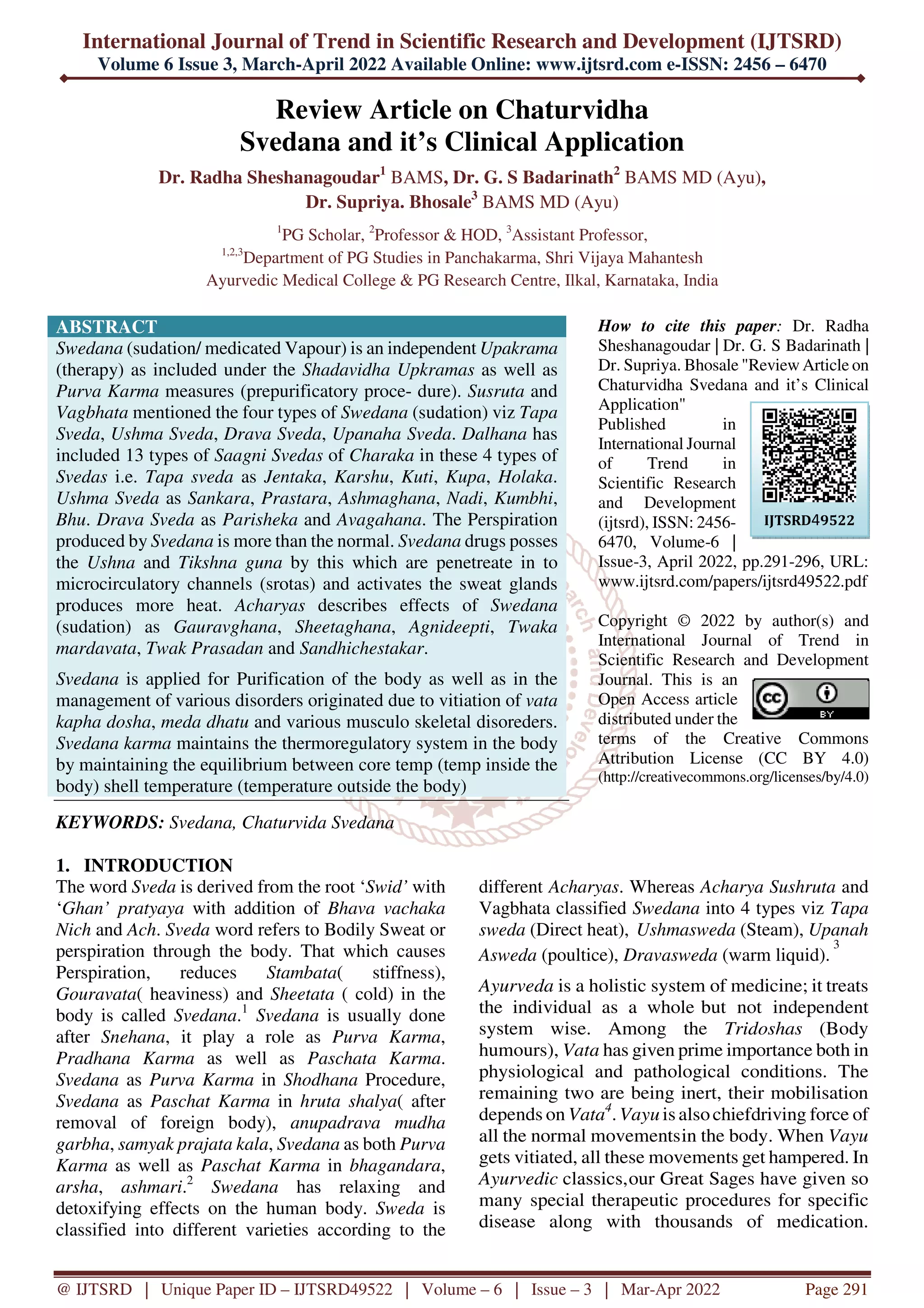 Review Article on Chaturvidha Svedana and it’s Clinical Application | PDF