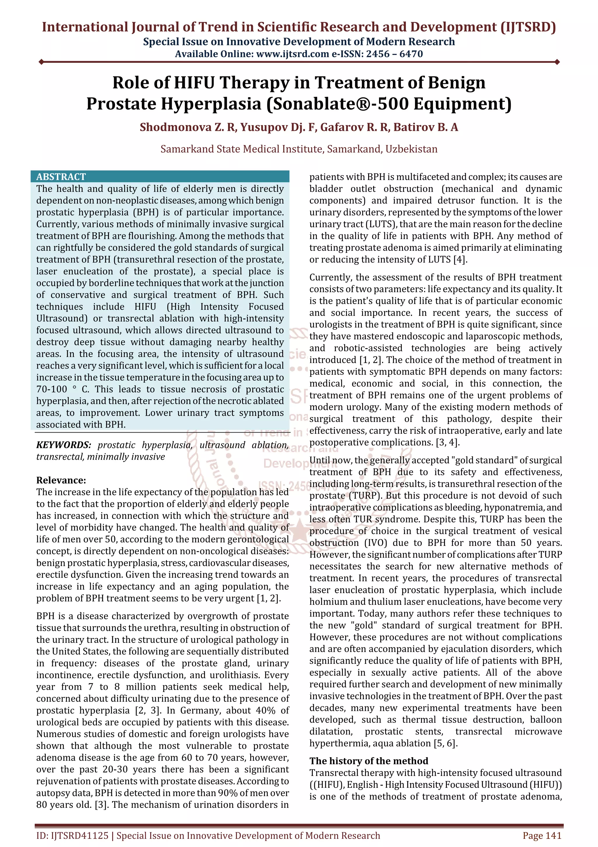 Role of HIFU Therapy in Treatment of Benign Prostate Hyperplasia ...