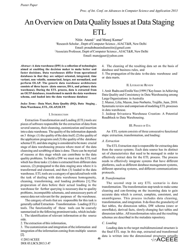 An Overview on Data Quality Issues at Data Staging ETL | PDF