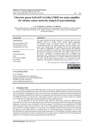 Ultra-low power 0.45 mW 2.4 GHz CMOS low noise amplifier for wireless sensor networks using 0.13 ...