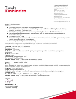 Saravanaselvan_Satyam_Exp_Letter | PDF