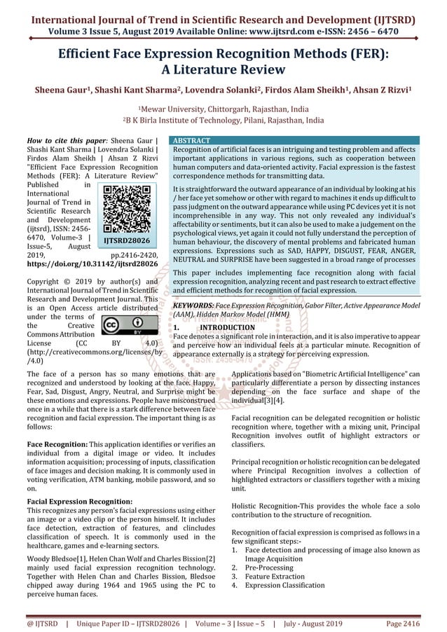 Efficient Face Expression Recognition Methods FER A Literature Review | PDF