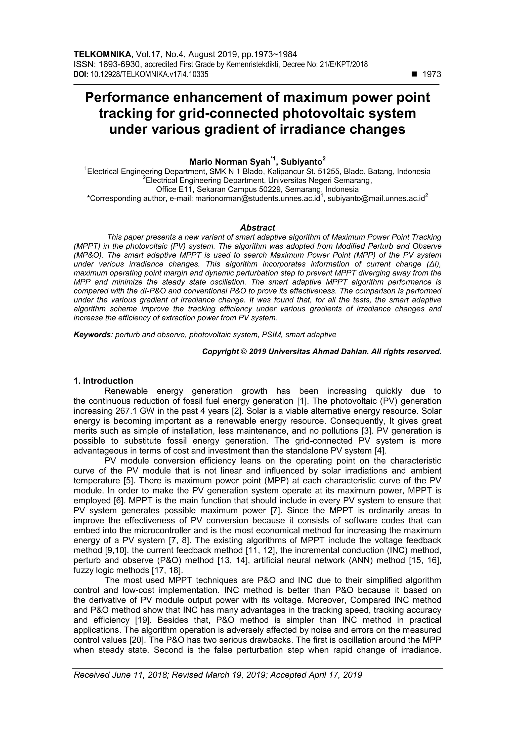 Performance enhancement of maximum power point tracking for grid-connected photovoltaic system ...
