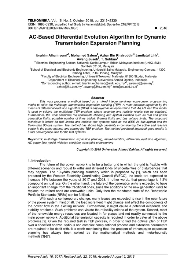 AC-Based Differential Evolution Algorithm for Dynamic Transmission Expansion Planning | PDF