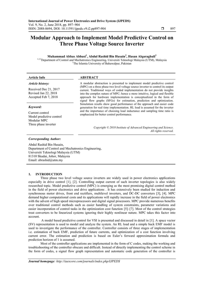 Modular Approach to Implement Model Predictive Control on Three Phase Voltage Source Inverter | PDF