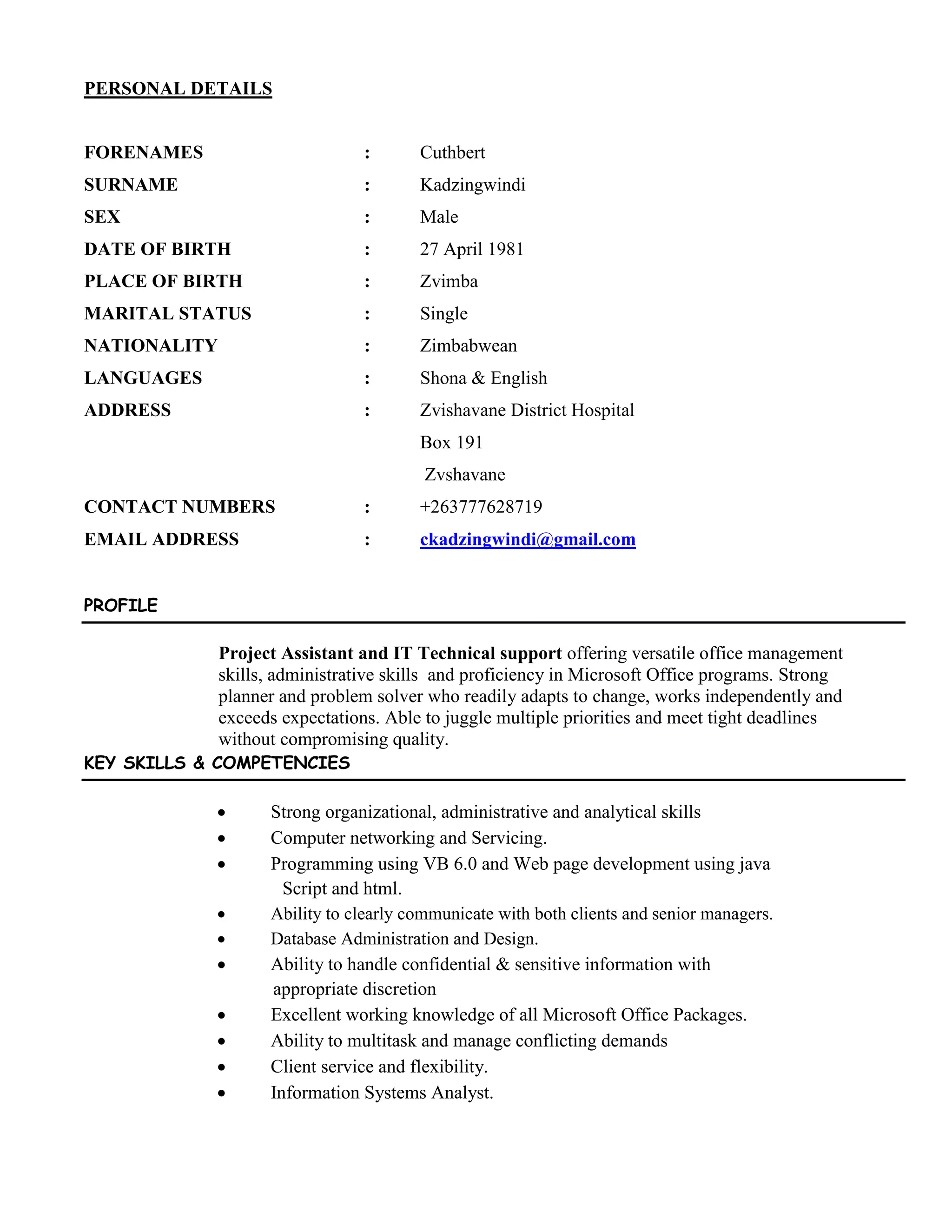 Kadzingwindi cv | DOCX | Databases | Computer Software and Applications