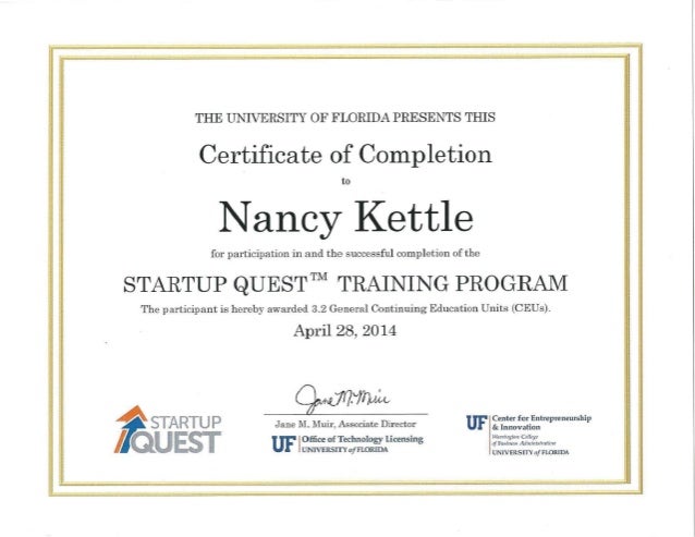 Startup Quest Certificate of Completion