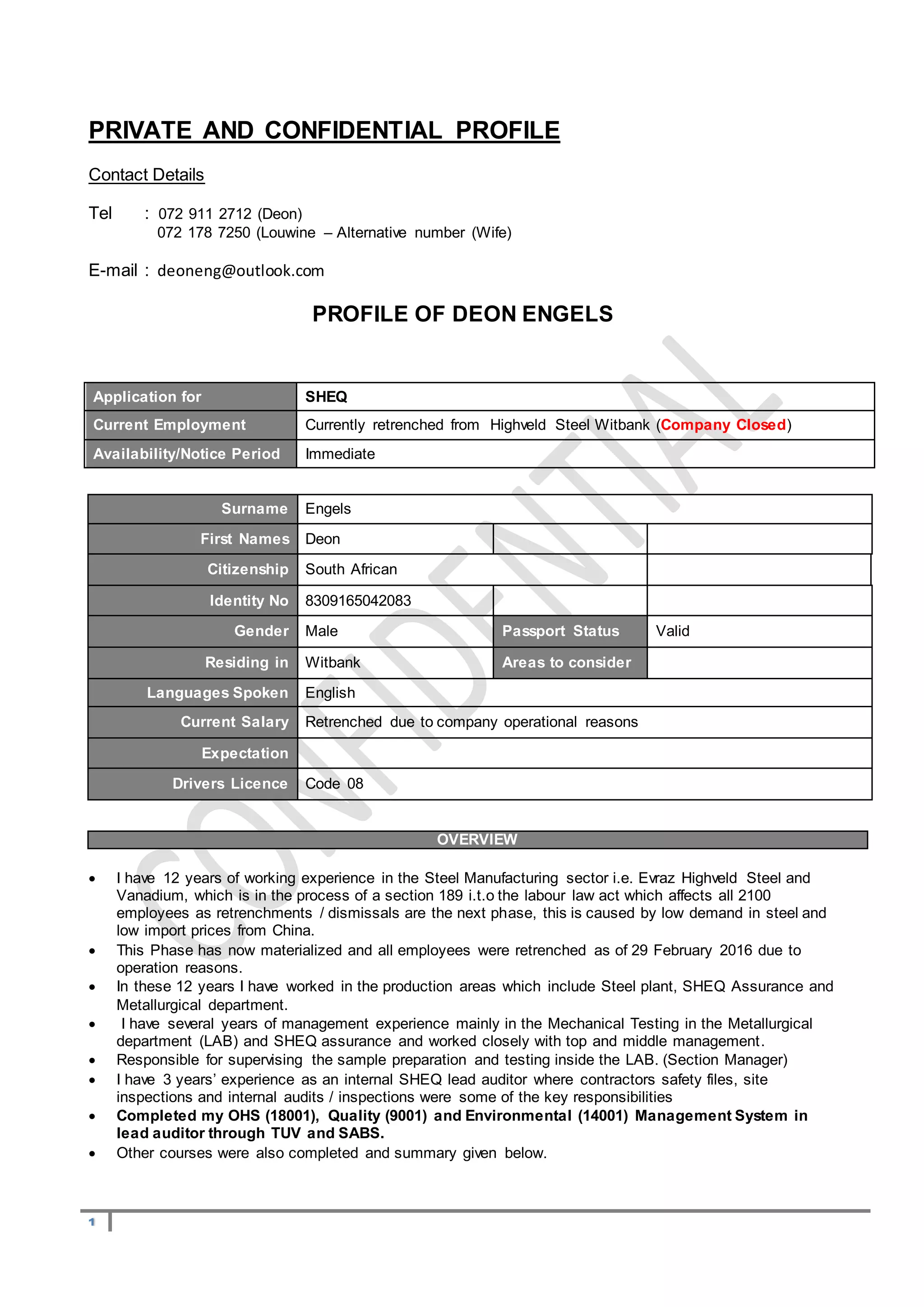 DEON ENGELS CV. | DOCX