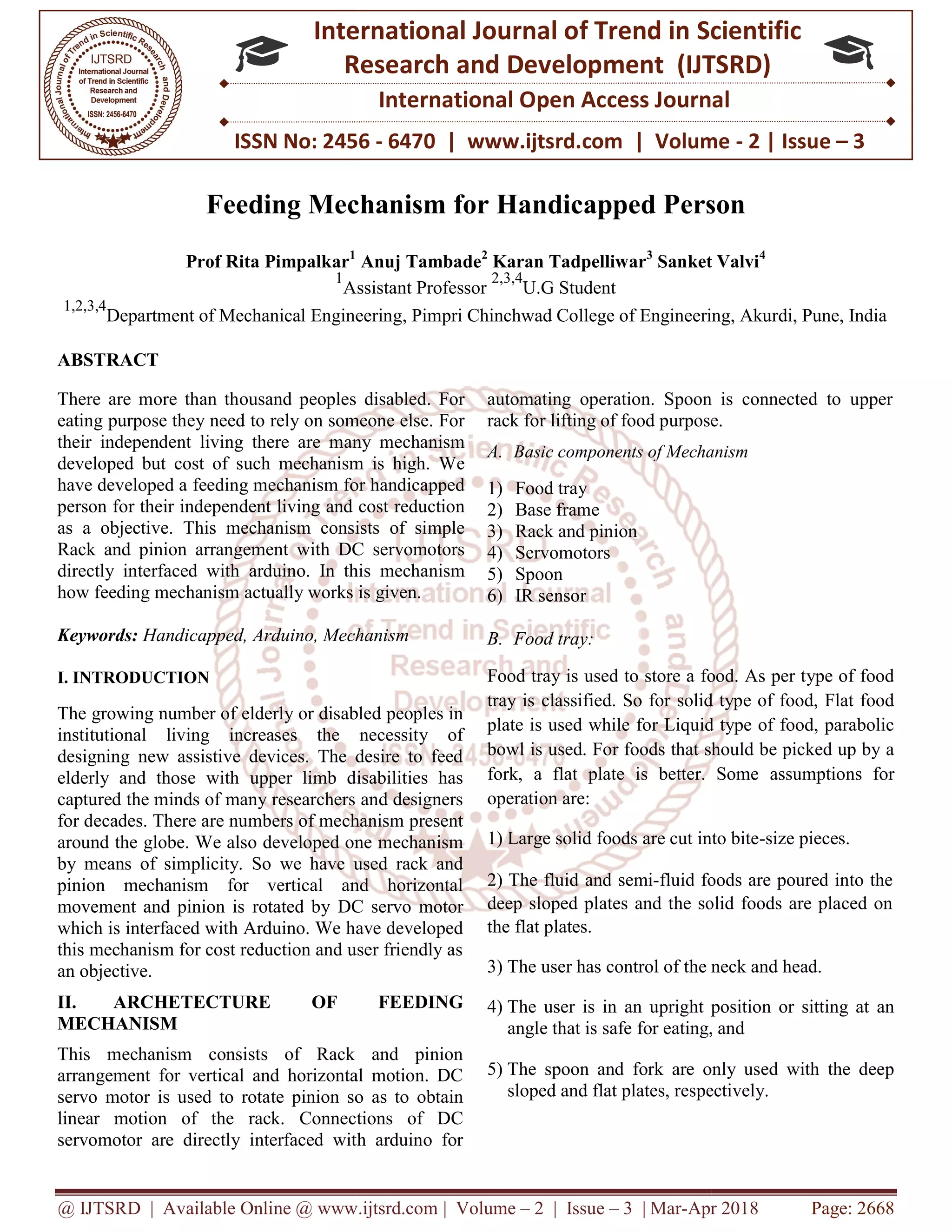 Feeding Mechanism for Handicapped Person | PDF