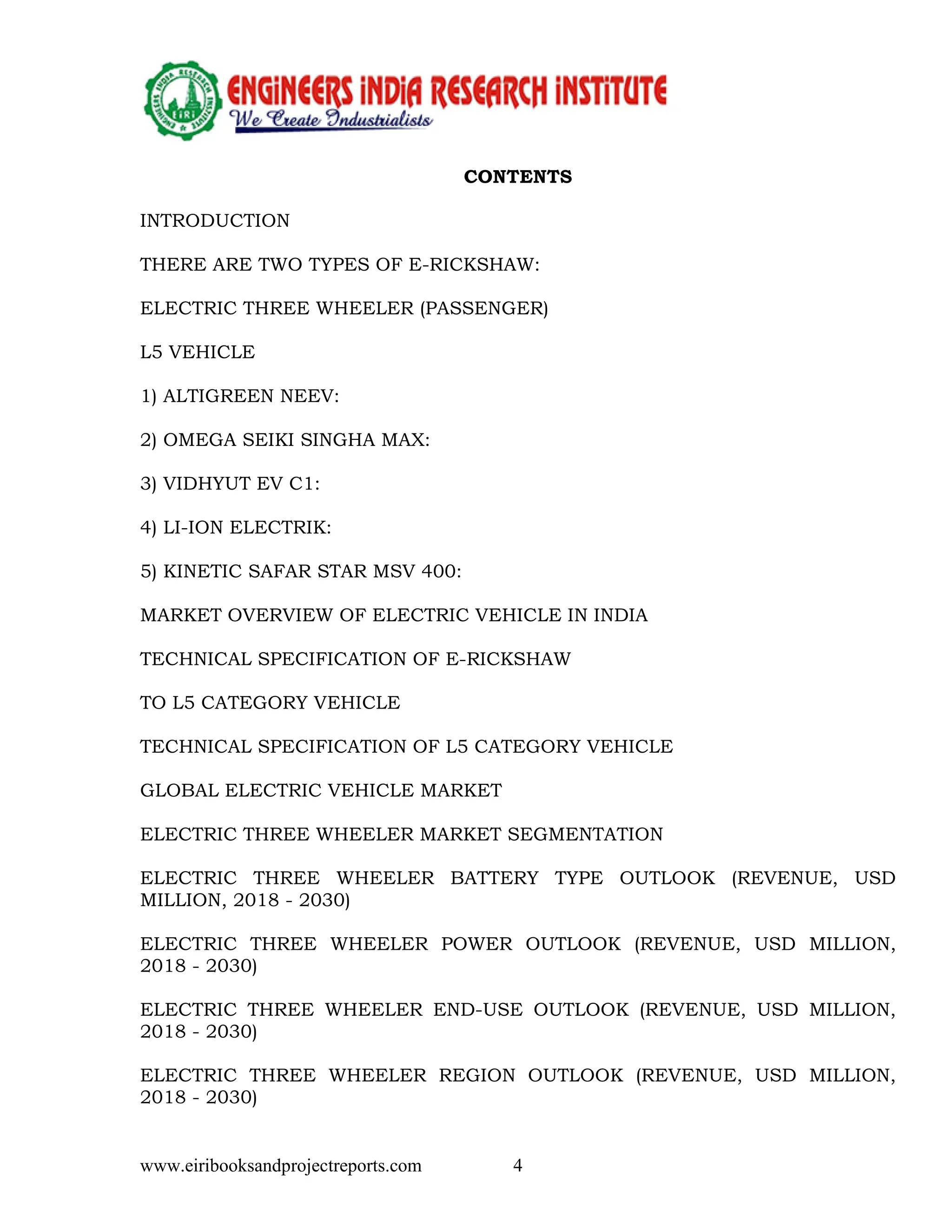 Detailed Project Report on ELECTRIC THREE WHEELER (L5 CATEGORY) | PDF