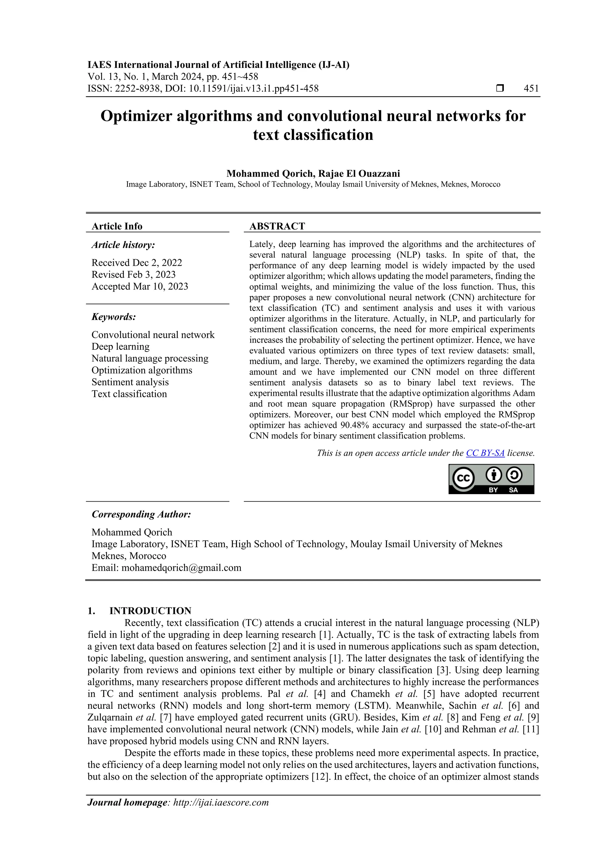 Optimizer Algorithms And Convolutional Neural Networks For Text Classification Pdf