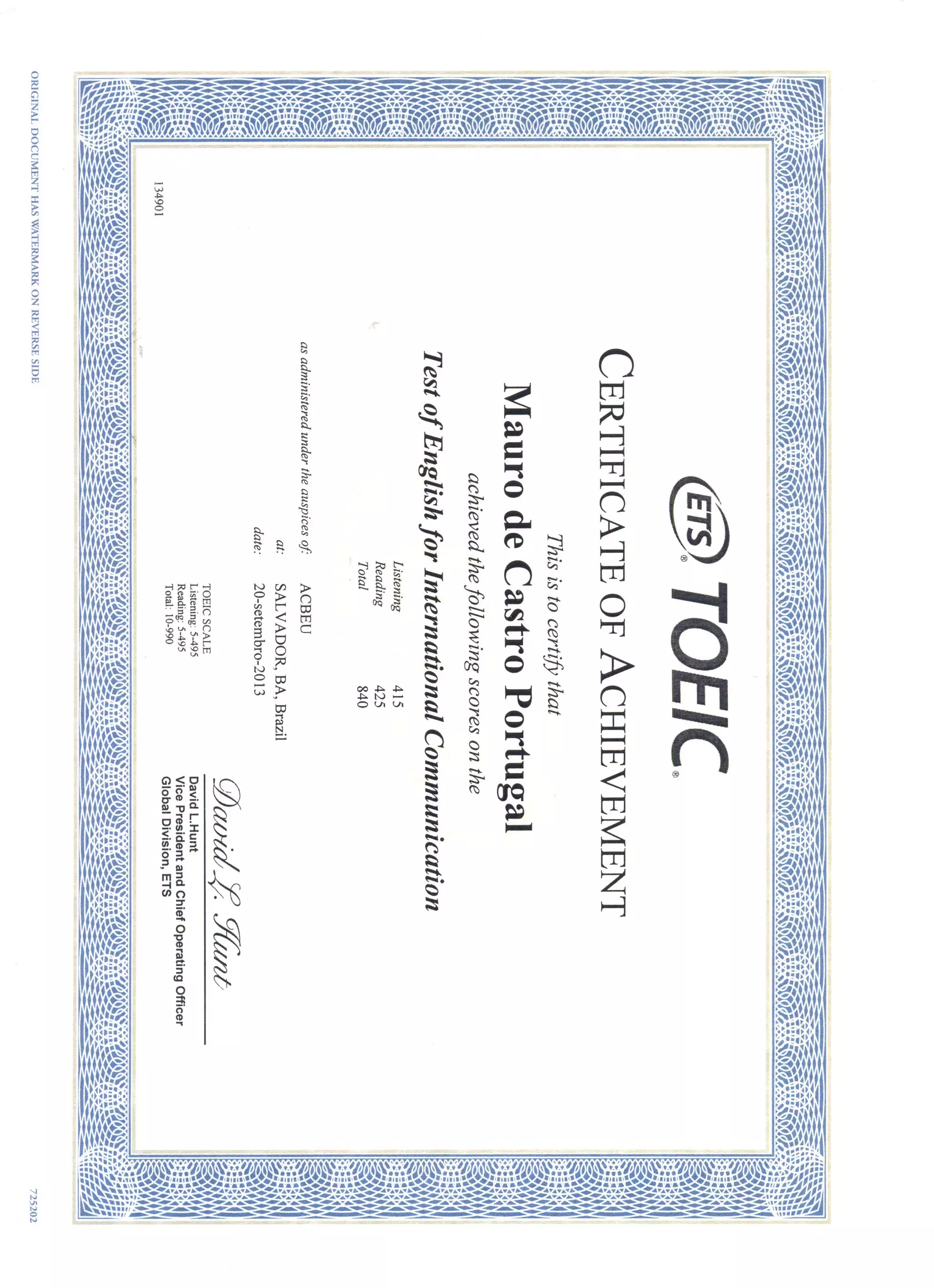 TOEIC Certificate | PDF
