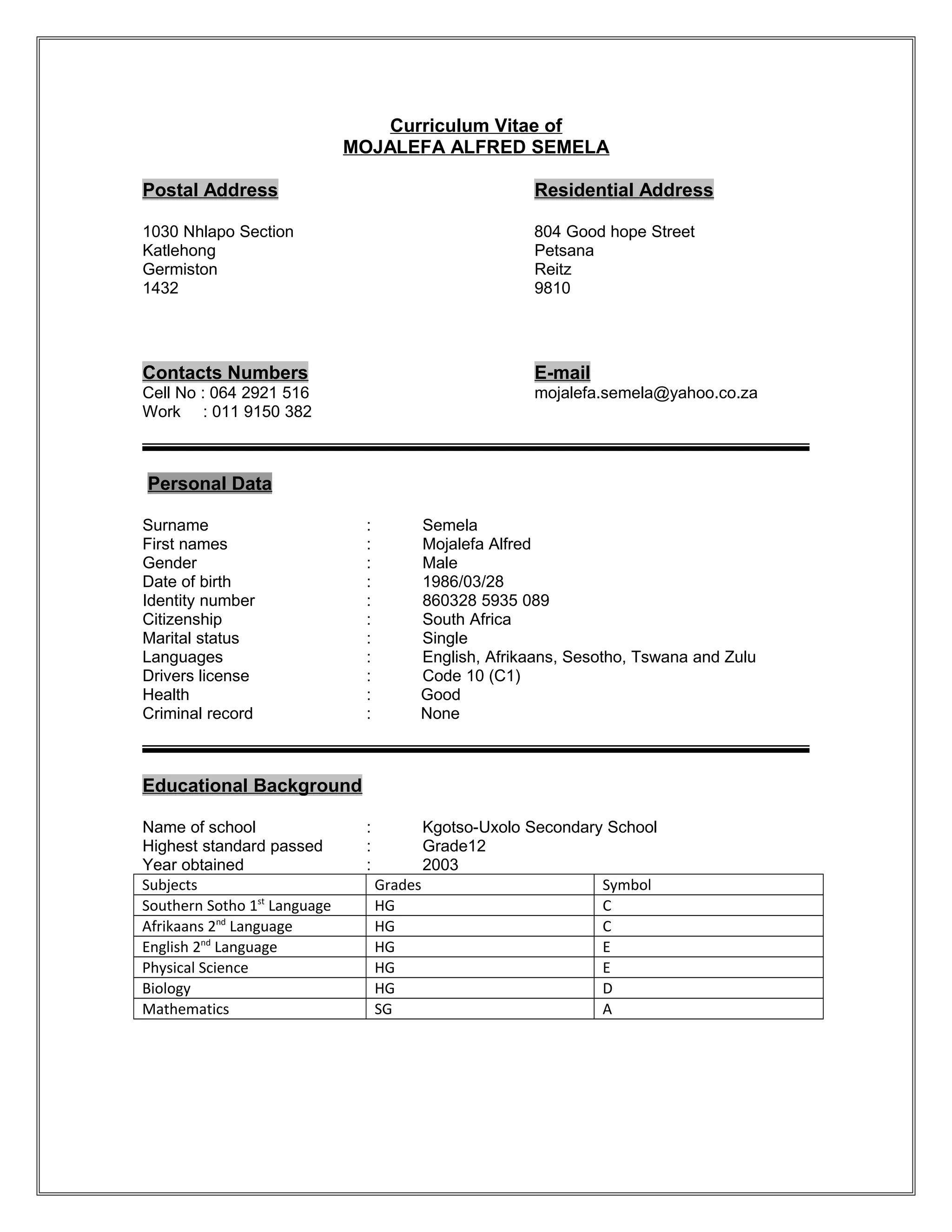 Mojalefa updated cv 2016-17 | PDF