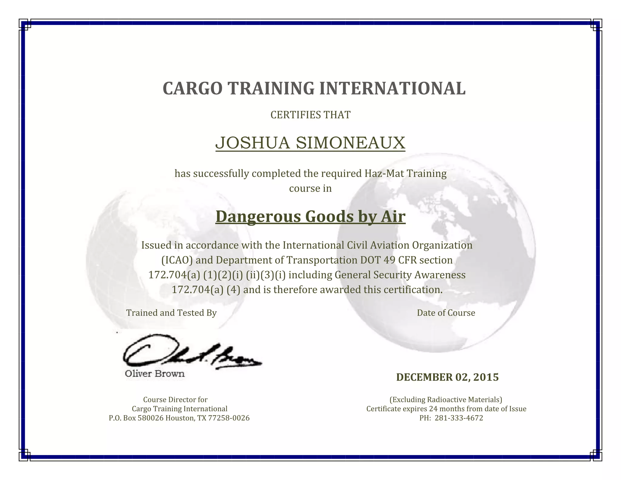 JOSHUA SIMONEAUX Air Certificate 2015 | PDF