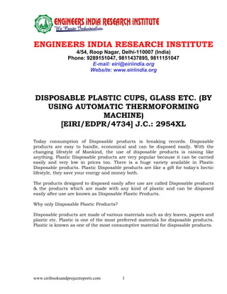 Detailed Project Report on DISPOSABLE PLASTIC CUPS, GLASS ETC. (BY ...