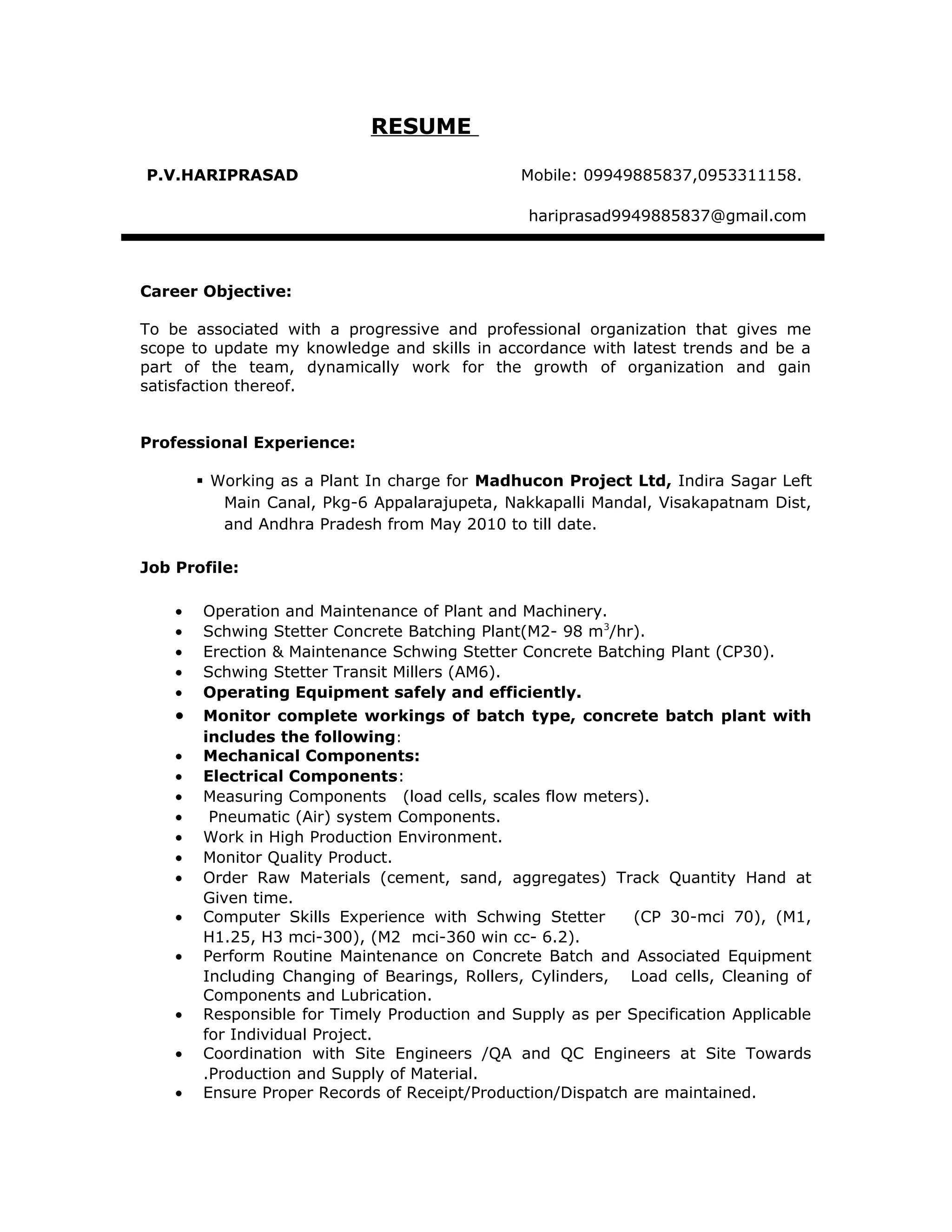 P.V. Hari Prasad resume photo | PDF