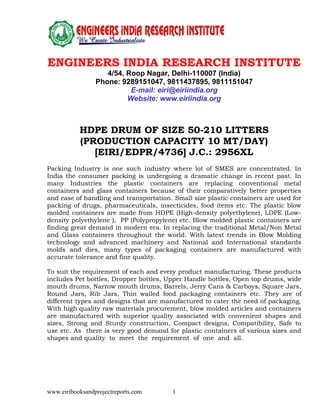 Detailed Project Report on HDPE DRUM OF SIZE 50-210 LITTERS (PRODUCTION ...