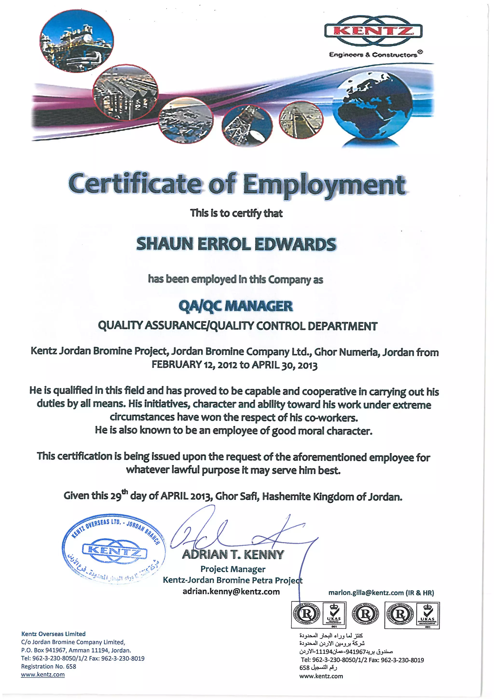 Kentz - Certificate of Employment | PDF